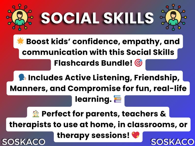 Social Skills Flashcards Bundle for Kids, Active Listening Skills ...