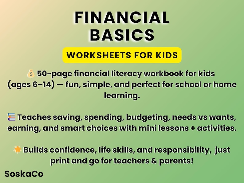 Financial Basics Worksheets for Kids, Learning Workbook Smart Money ...
