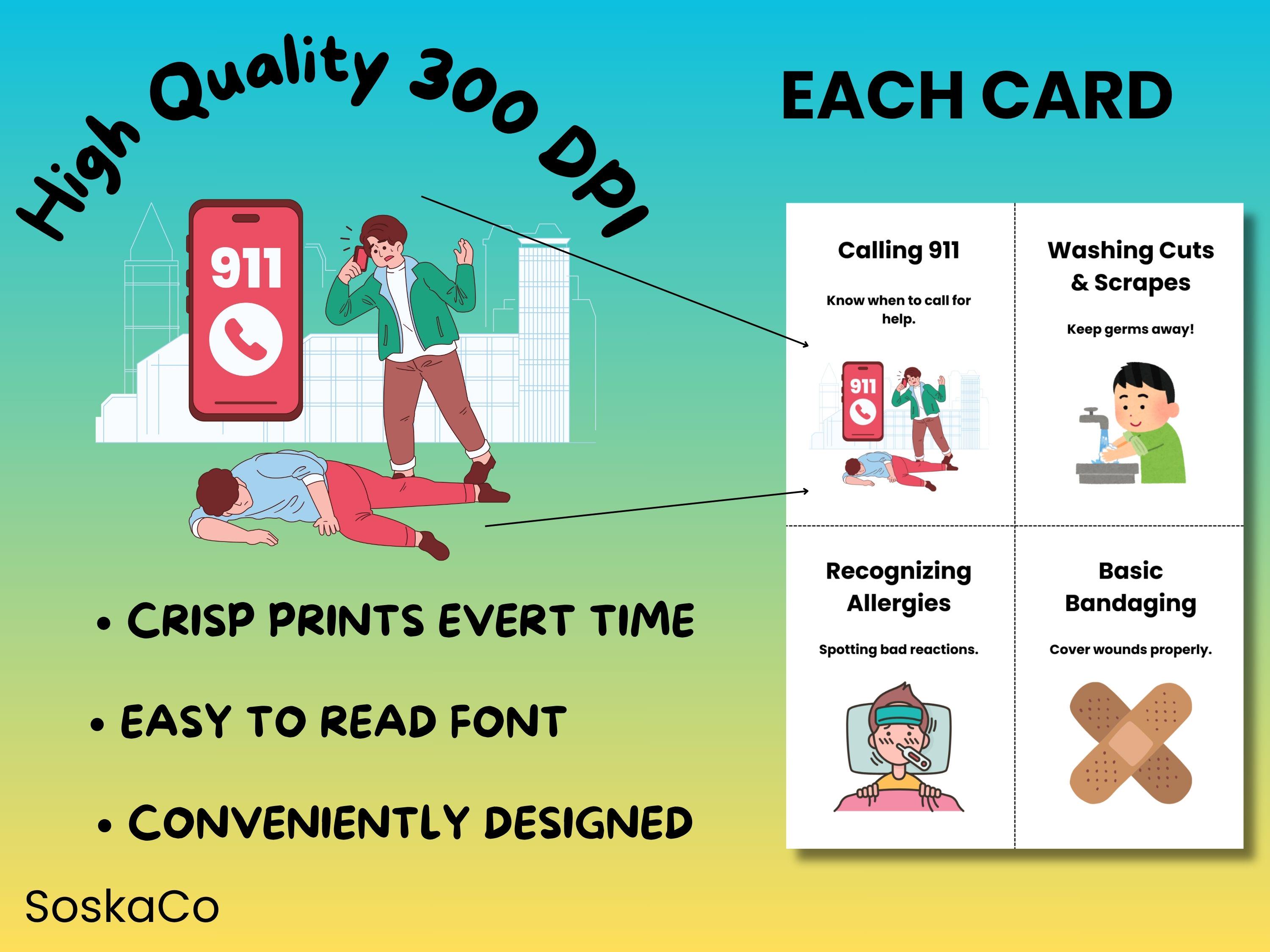 Safety Skills Flashcards for Kids, First Aid Kit, Safety Sign Emergency ...