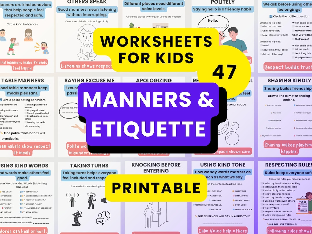 Manners and Etiquette Worksheets, Polite Behavior Workbook, Manners for ...