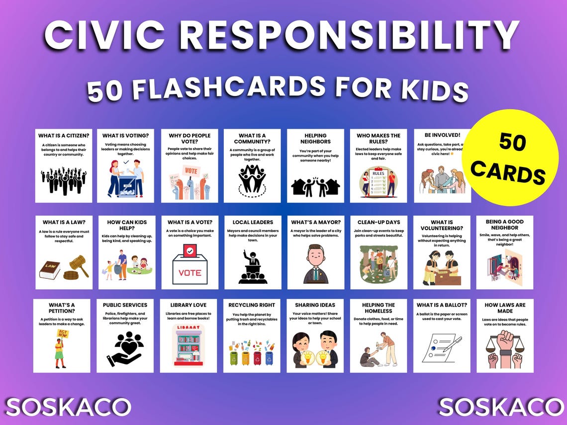 Civic Responsibility Flashcards for Kids, Community Involvement ...