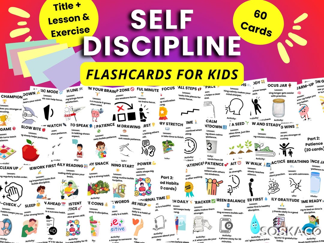 Self Discipline Flashcards for Kids, Responsibility Goal Setting, Focus ...