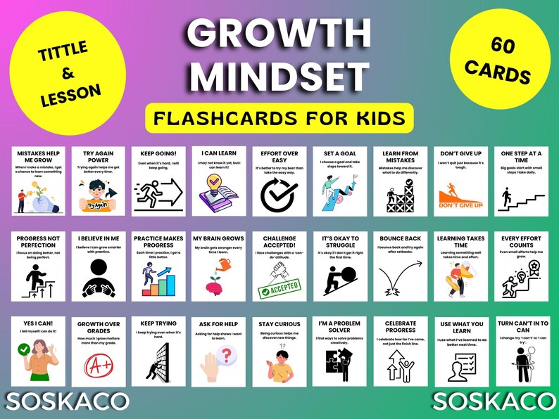 Growth Mindset Flashcards for Kids, Confidence Activities, Affirmation ...