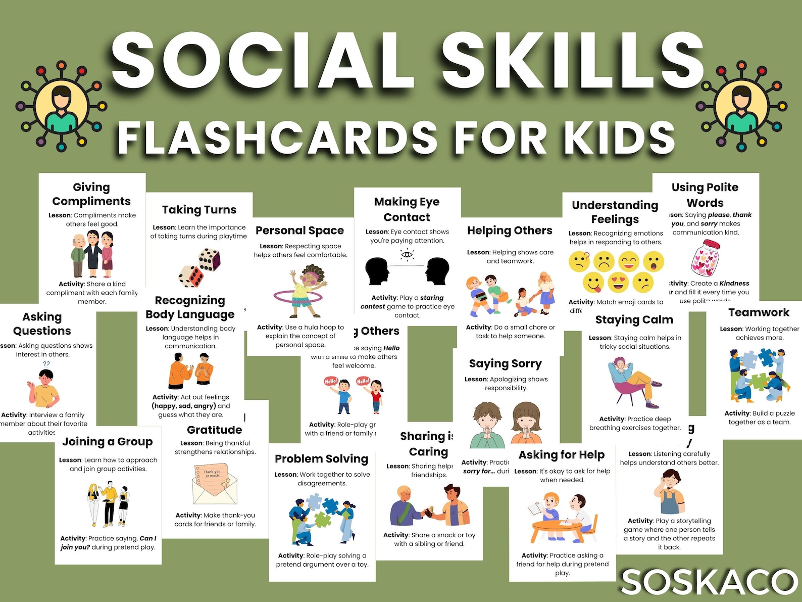 Social Skills Flashcards for Kids, Social Skills Game, Empathy, Sharing ...