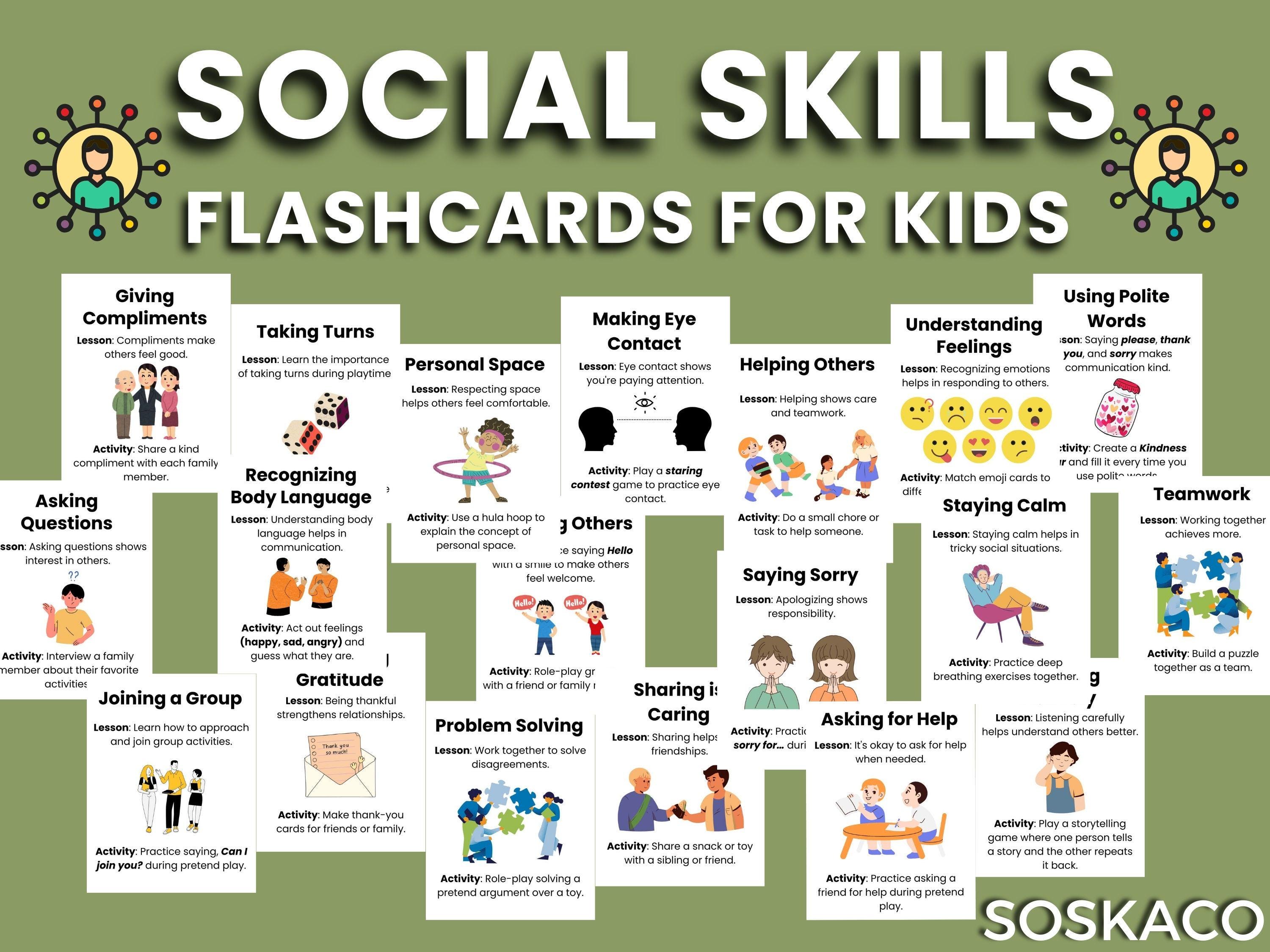 Social Skills Flashcards for Kids, Social Skills Game, Empathy, Sharing ...