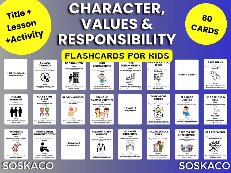 Character Values and Responsibility Flashcards for Kids, Social Skills ...