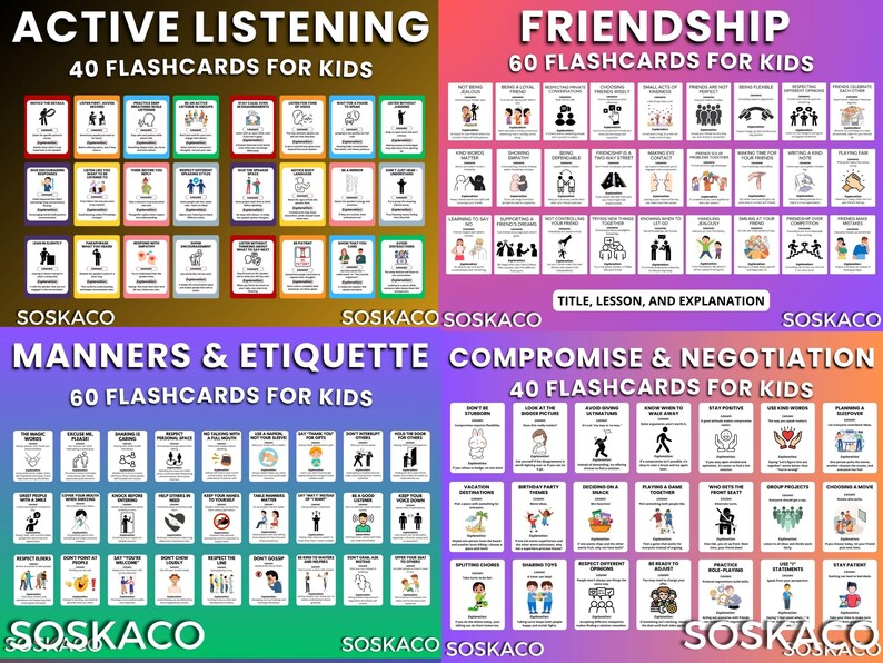 Social Skills Flashcards Bundle for Kids, Active Listening Skills ...