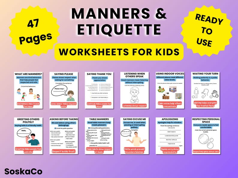 Manners and Etiquette Worksheets, Polite Behavior Workbook, Manners for ...