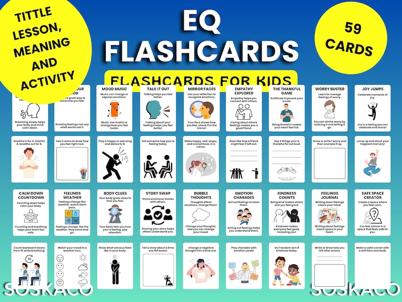 Emotional Intelligence Flashcards for Kids, EQ Learning, Emotional ...