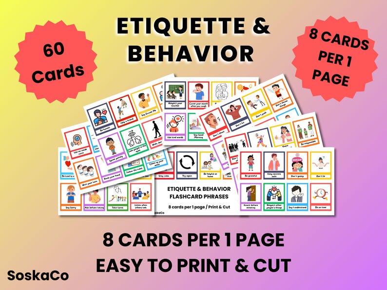 Etiquette and Behavior Flashcards for Kids, Printable Manners, Social ...