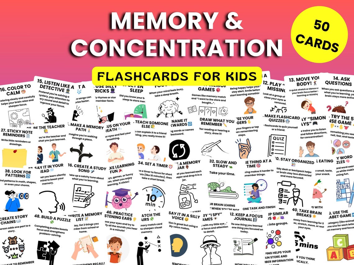 Memory and Concentration Flashcards for Kids, Focus Skills, Reach Goals ...