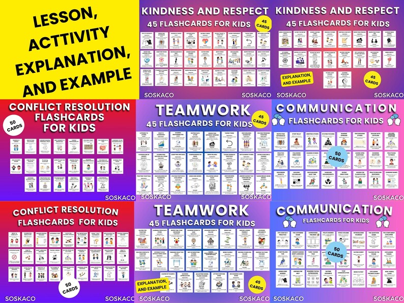 Social Skills Flashcards for Kids, Communication, Teamwork, Kindness ...