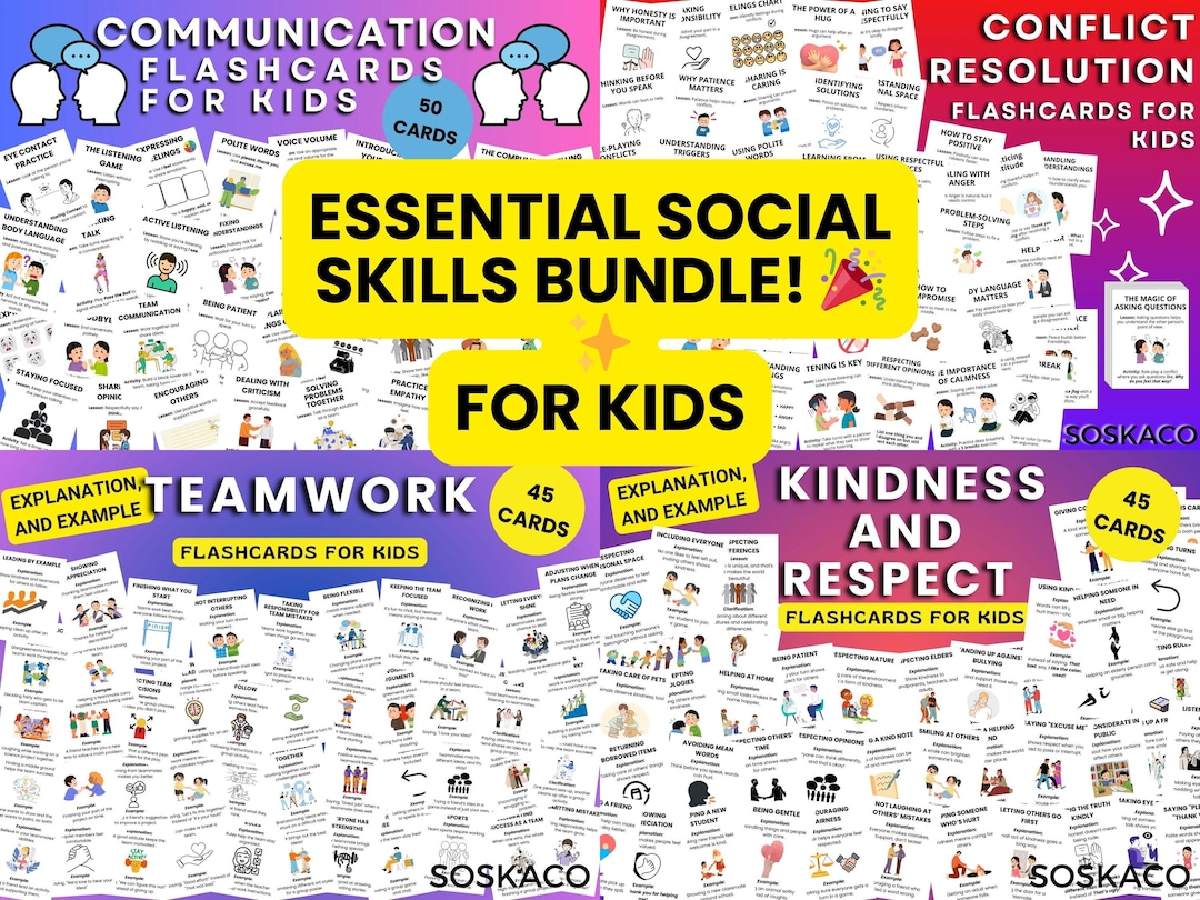 Social Skills Flashcards for Kids, Communication, Teamwork, Kindness, Conflict Resolution ...