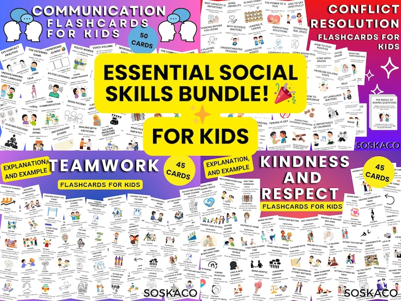 Social Skills Flashcards for Kids, Communication, Teamwork, Kindness ...