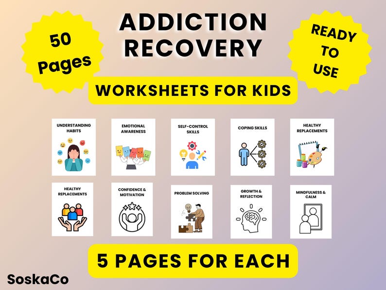 Addiction Recovery Worksheets for Kids, Coping Skills, Healthy Habits ...