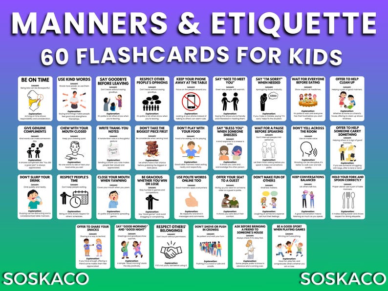 60 Manners and Etiquette Flashcards, Teach Kids Politeness, Social ...
