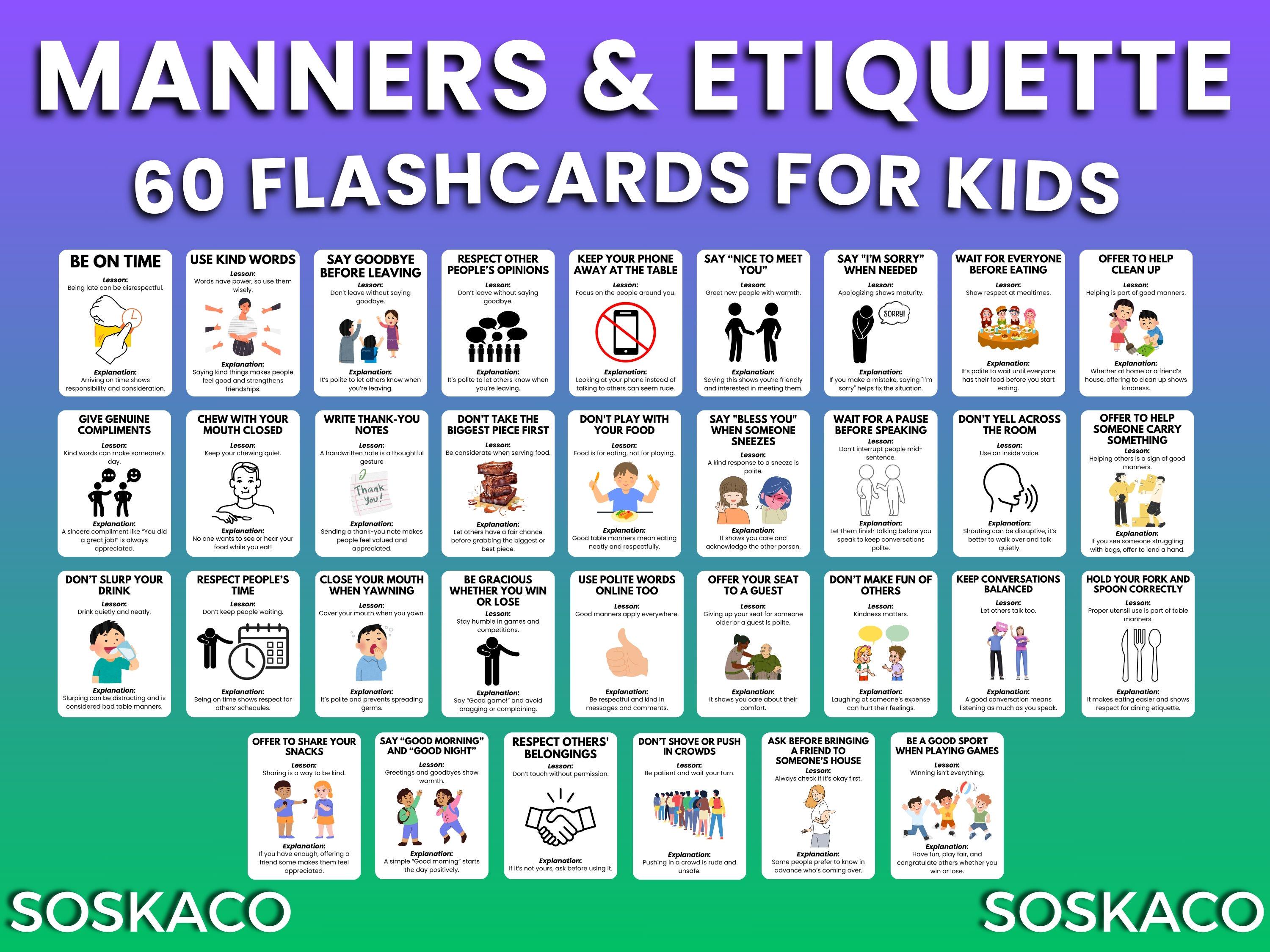 60 Manners and Etiquette Flashcards for Kids, Teach Kids Politeness ...