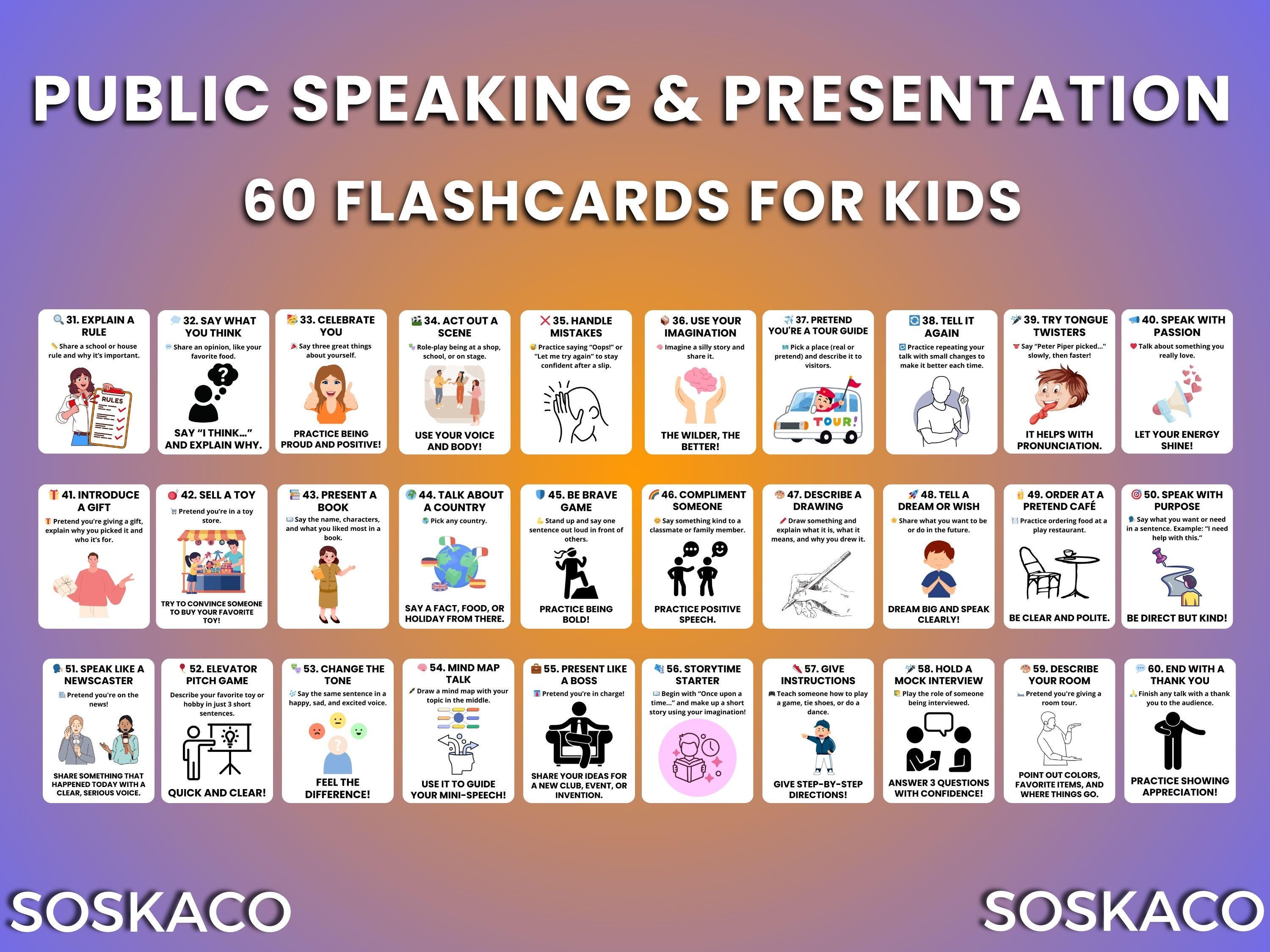Public Speaking Flashcards for Kids, Presentation Skills Cards ...