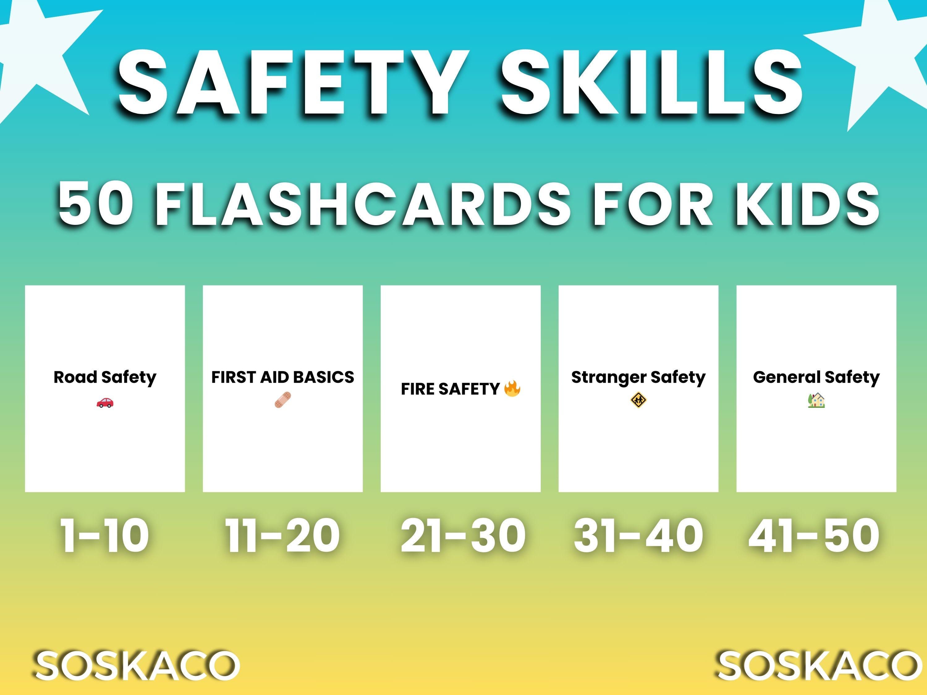 Safety Skills Flashcards for Kids, First Aid Kit, Safety Sign Emergency ...