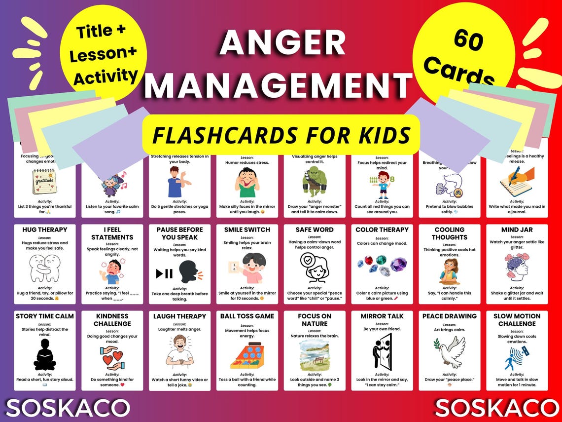 Anger Management Flashcards for Kids, Emotional Regulation Activities ...