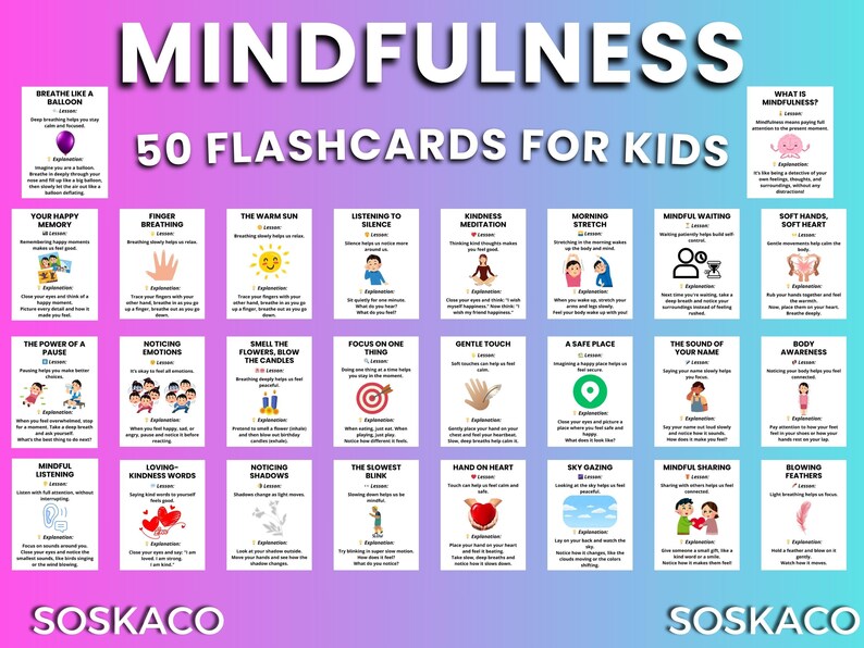 Mindfulness Flashcards for Kids, Focus, Calm & Emotional Awareness, SEL ...