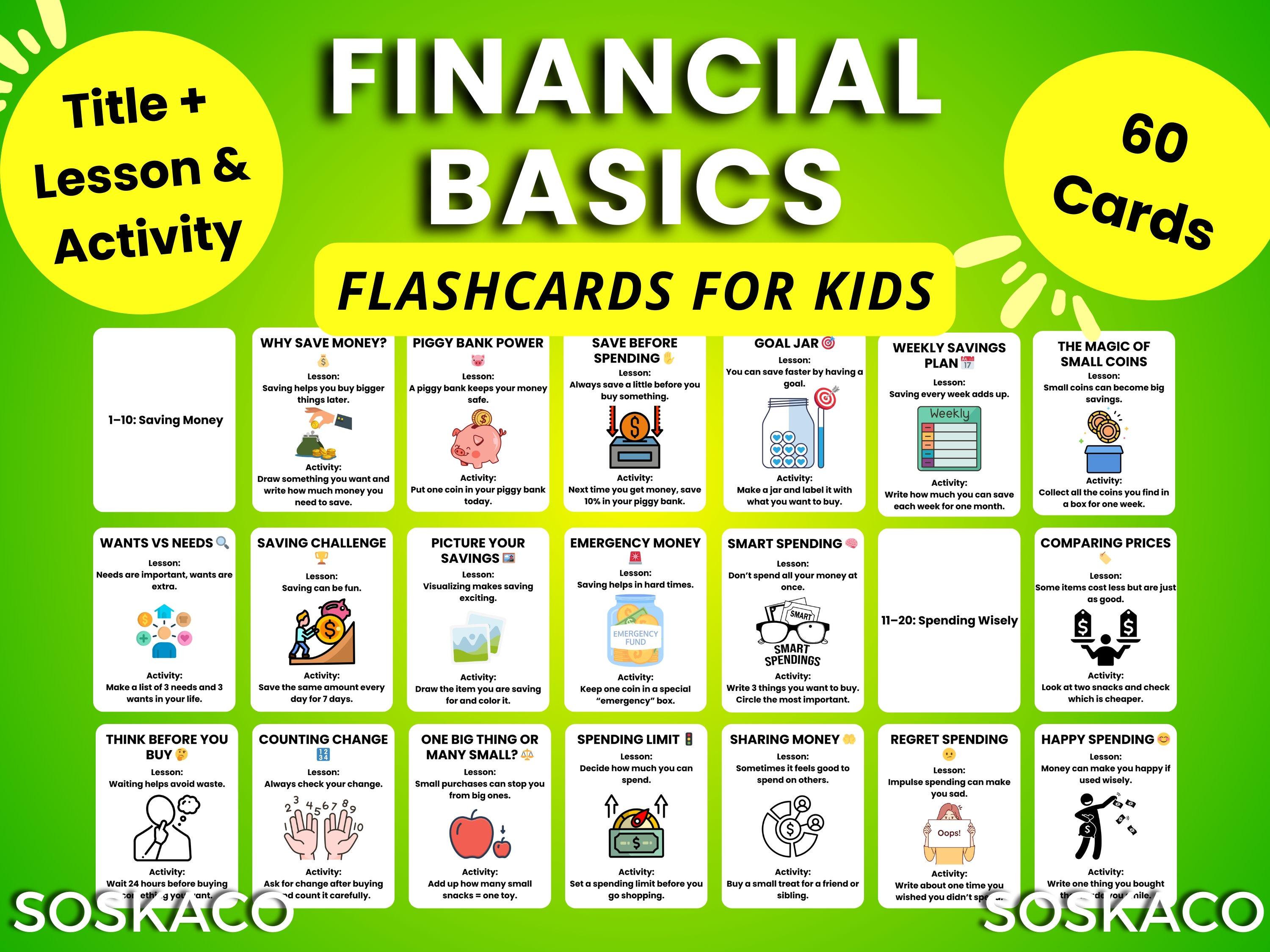 Financial Basics Flashcards for Kids, Financial Literacy, Saving Money ...