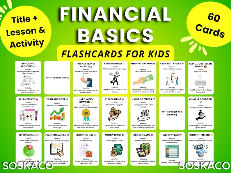 Financial Basics Flashcards for Kids, Financial Literacy, Saving Money ...