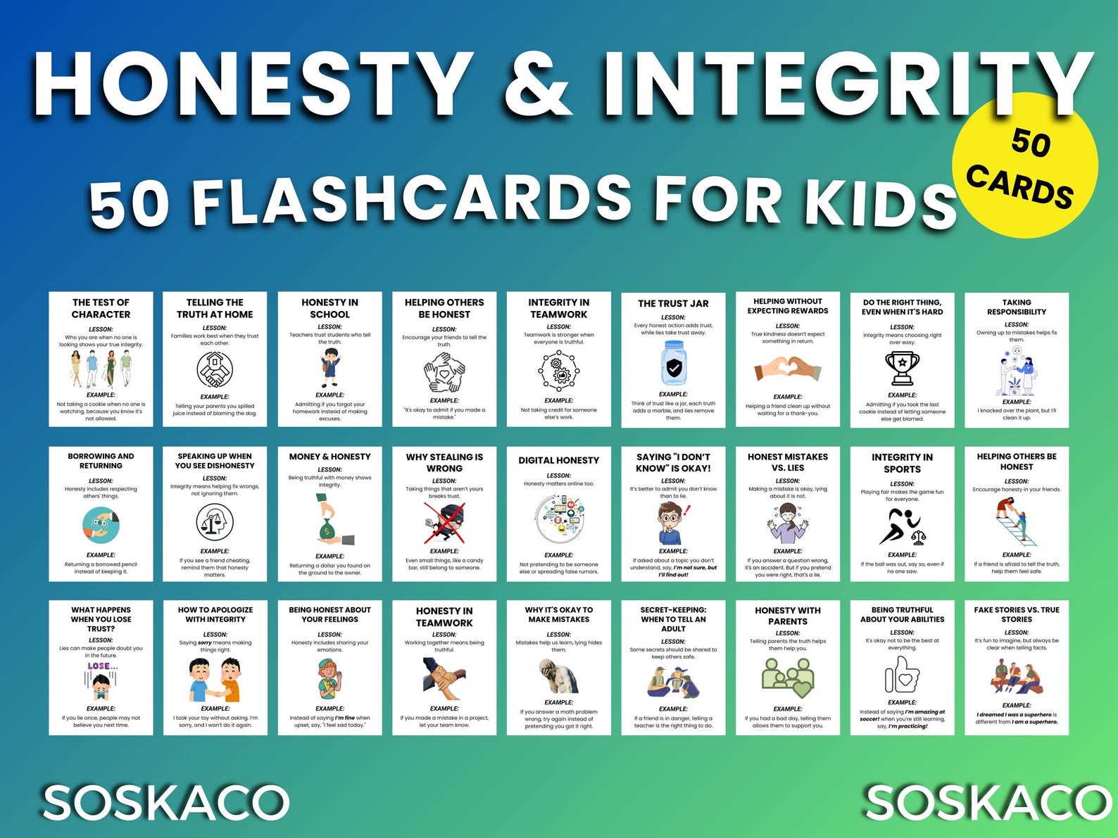 Honesty and Integrity Flashcards for Kids, Truthfulness, Responsibility ...