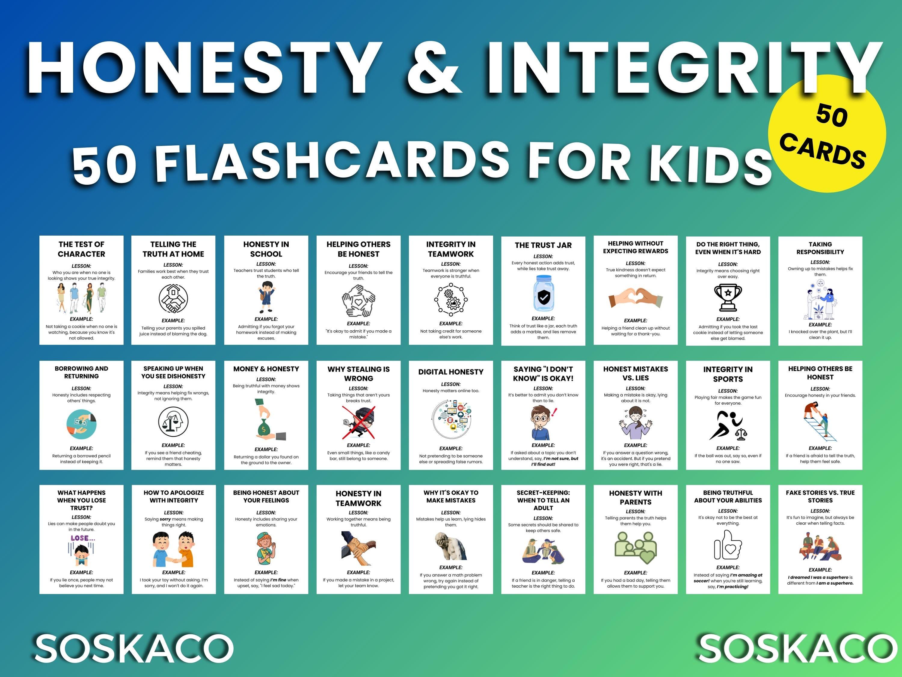 Honesty and Integrity Flashcards for Kids, Teach Truthfulness, Response ...