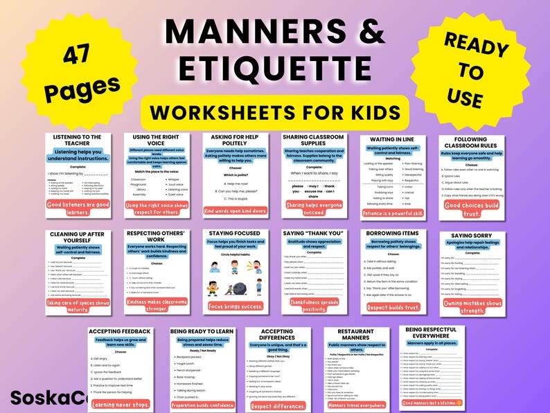 Manners and Etiquette Worksheets, Polite Behavior Workbook, Manners for ...