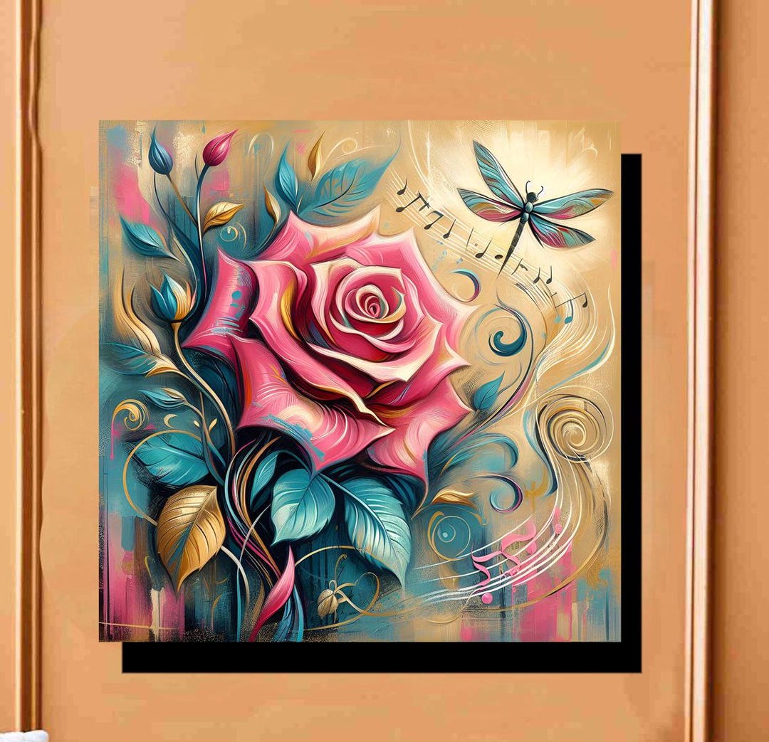 Pink Rose & Dragon Fly Floral Art Gallery Canvas Wrap Print or Poster ...