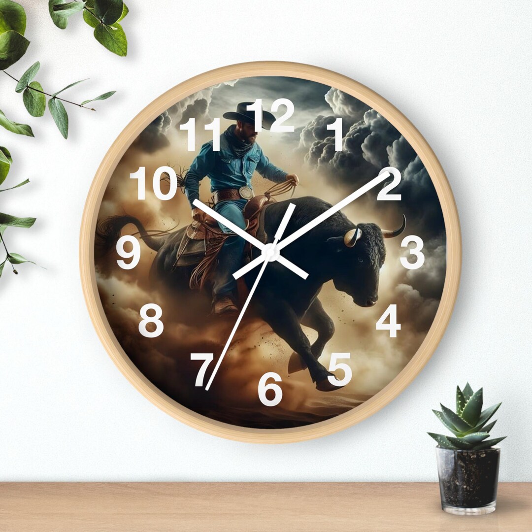 8 Seconds Bull Riding Rodeo Art Wall Clock - Equestrian Decor, Cowboys ...