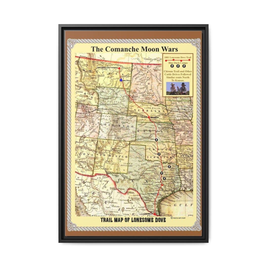 Lonesome Dove Trail Map Framed Canvas Print the Comanche Moon Trail ...