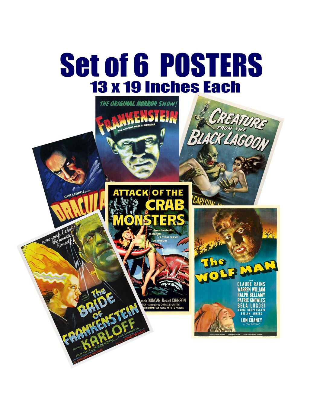 Set of 6 Monster Movie Posters 13 X 19 Inches Each Monsters Horror ...