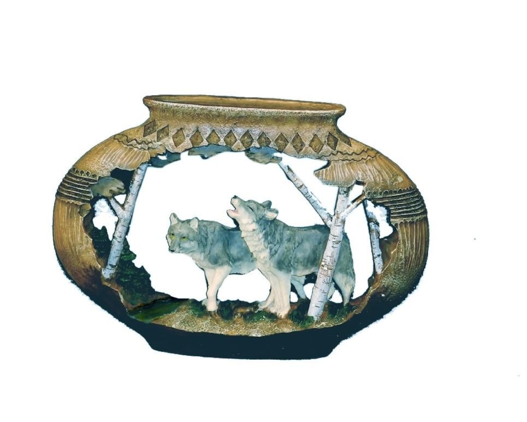 Wolf Pottery Design 9 " Sculpture Figurine Wolf Art Hand Painted ...