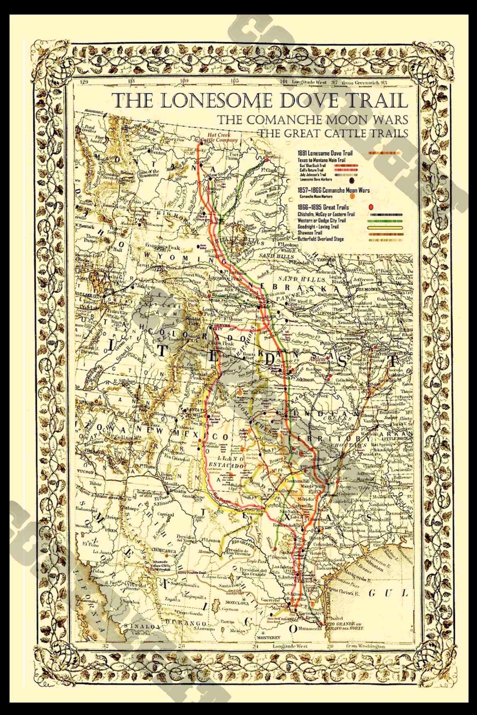 12 X 18 Poster the Trail of Lonesome Dove Thru Texas Map | Etsy