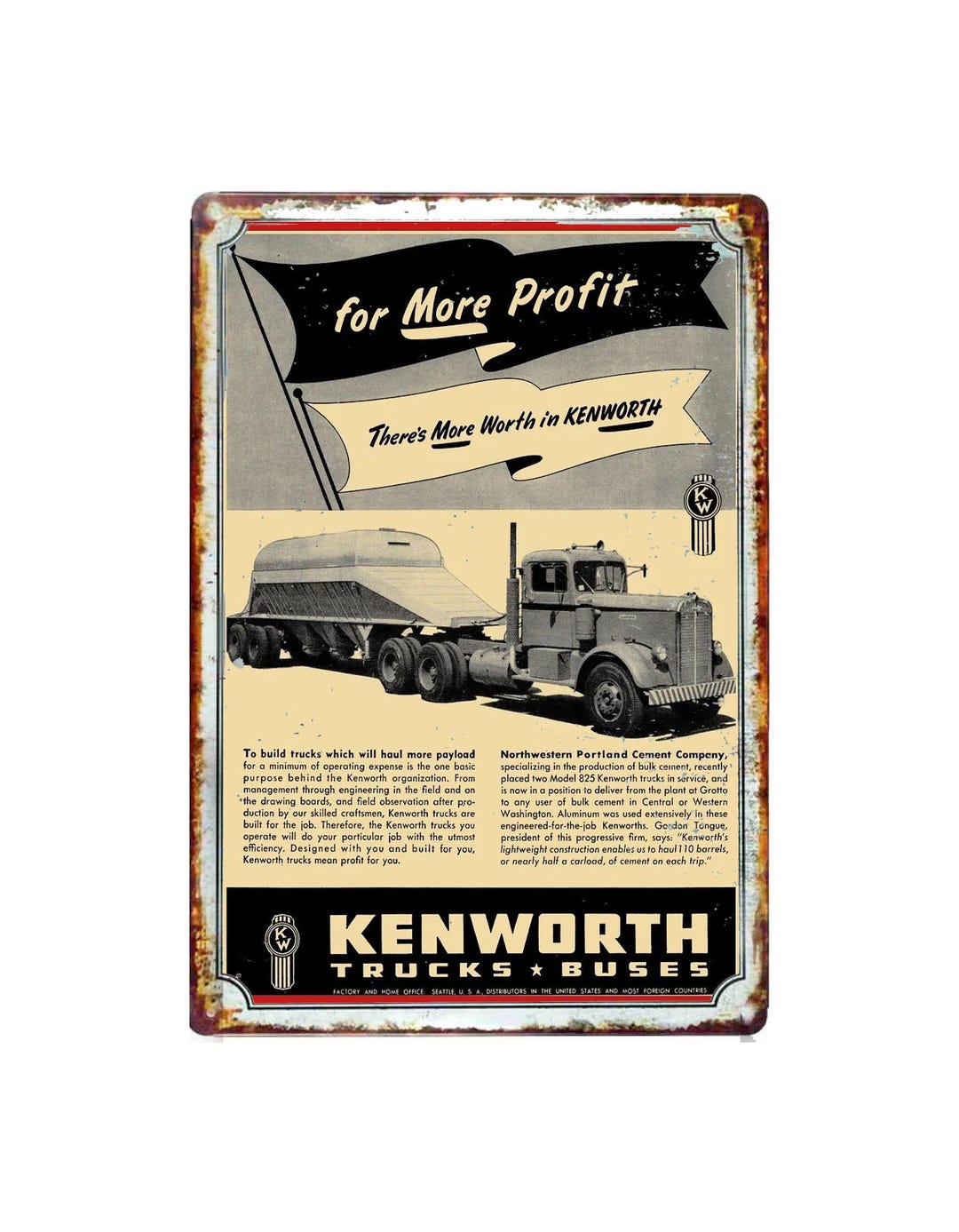Kenworth Semi Truck Advertising Tin Sign up to 12 X 18inches Vintage ...
