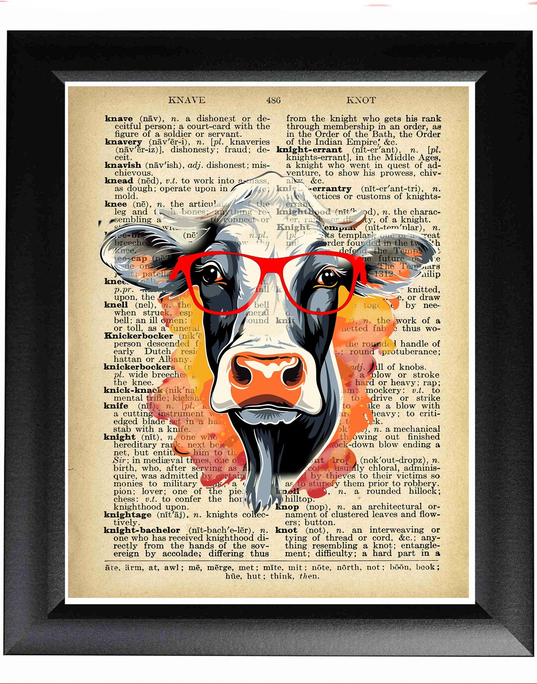 COW With Red Glasses Art Dictionary Print Poster, Vintage Farmhouse ...