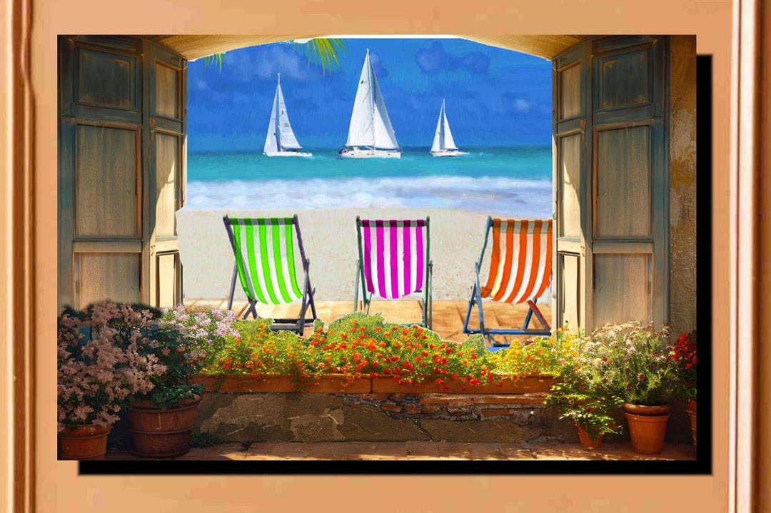 Beach Chairs Sail Boat Window Art Gallery Canvas Wrap Print up to 24 X ...