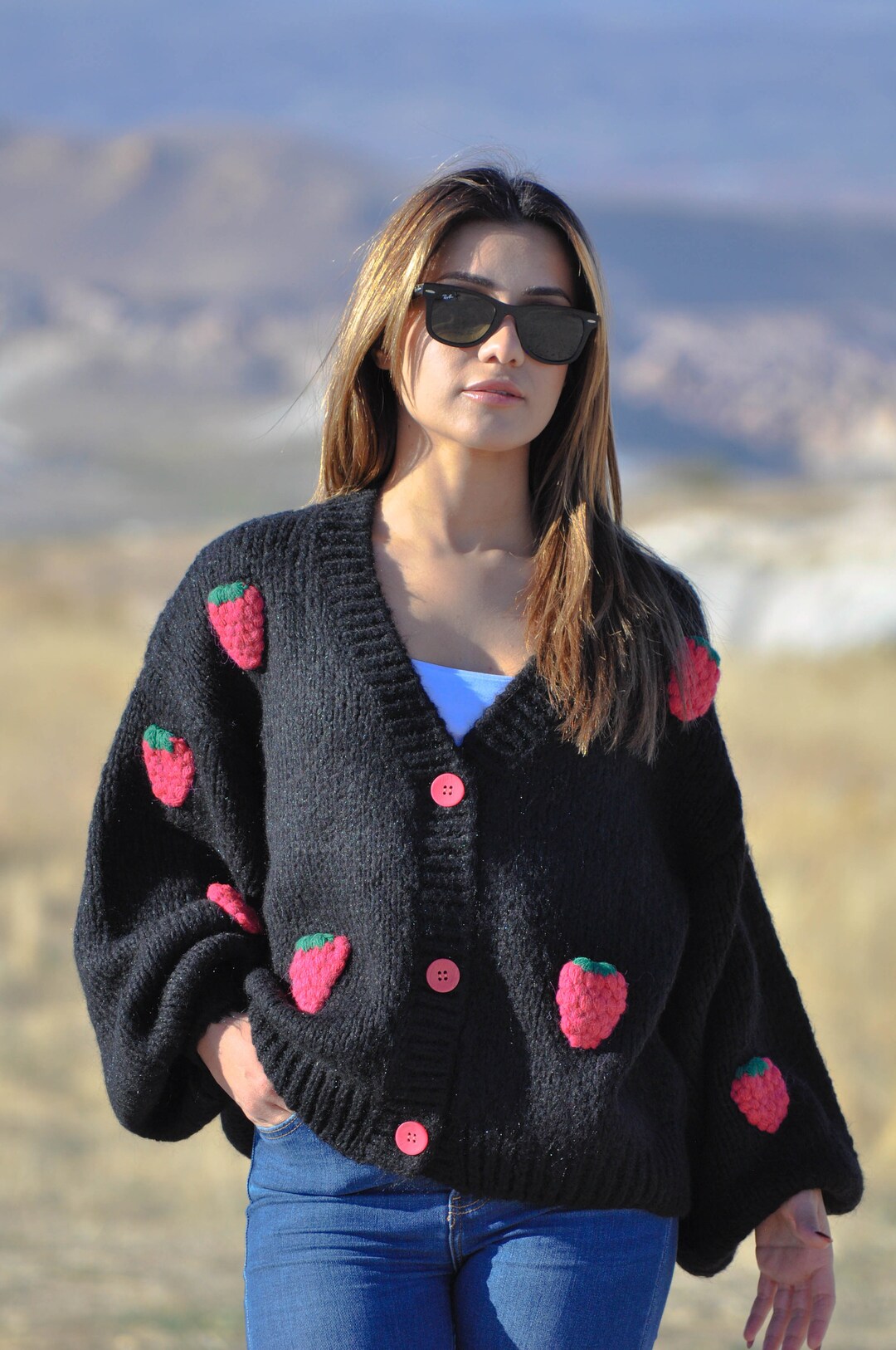 Handknit Alpaca Cardigan: Black V-neck Sweater With Strawberry ...