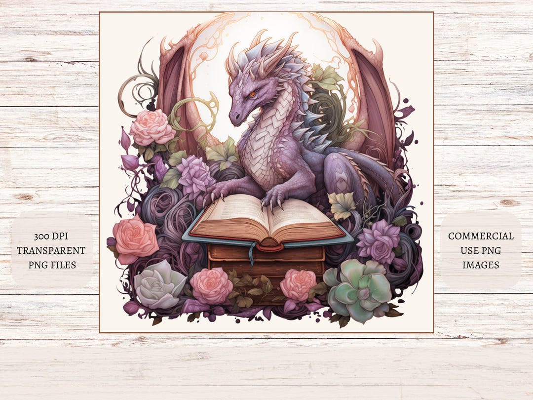 Dragon Reading Book Digital Art, Fantasy Dragon Illustration Printable ...