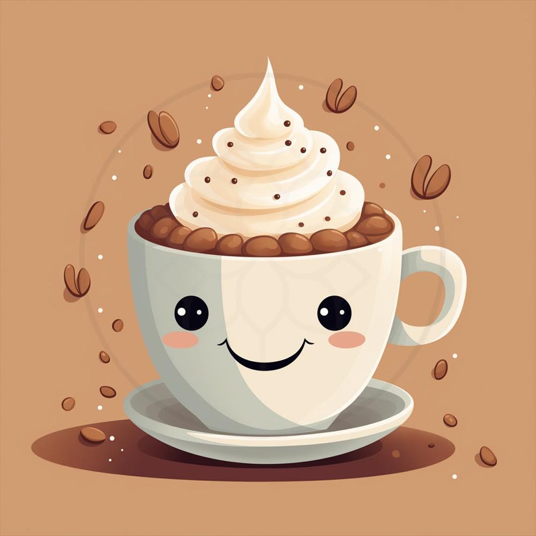 Cute Coffee Cup Clipart, Kawaii Hot Drink Digital Art, Smiling Mug With ...