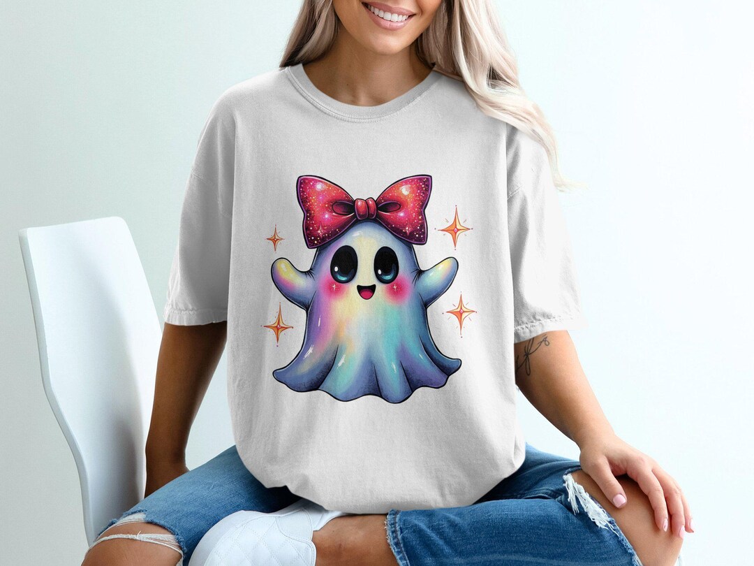 Cute Ghost Digital Art, Adorable Ghost With Glitter Bow, Kawaii Ghost ...