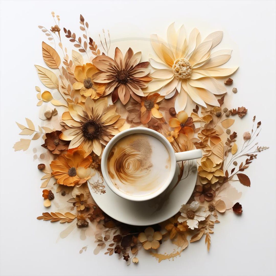 Coffee Cup Autumn Floral Clipart, Watercolor Coffee Mug Flowers Digital ...