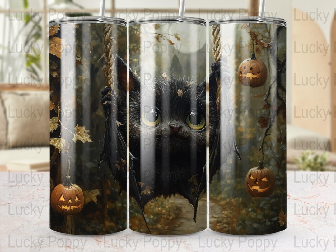 Halloween Cute Black Cat Digital Art, Autumn Moonlit Forest Pumpkin ...