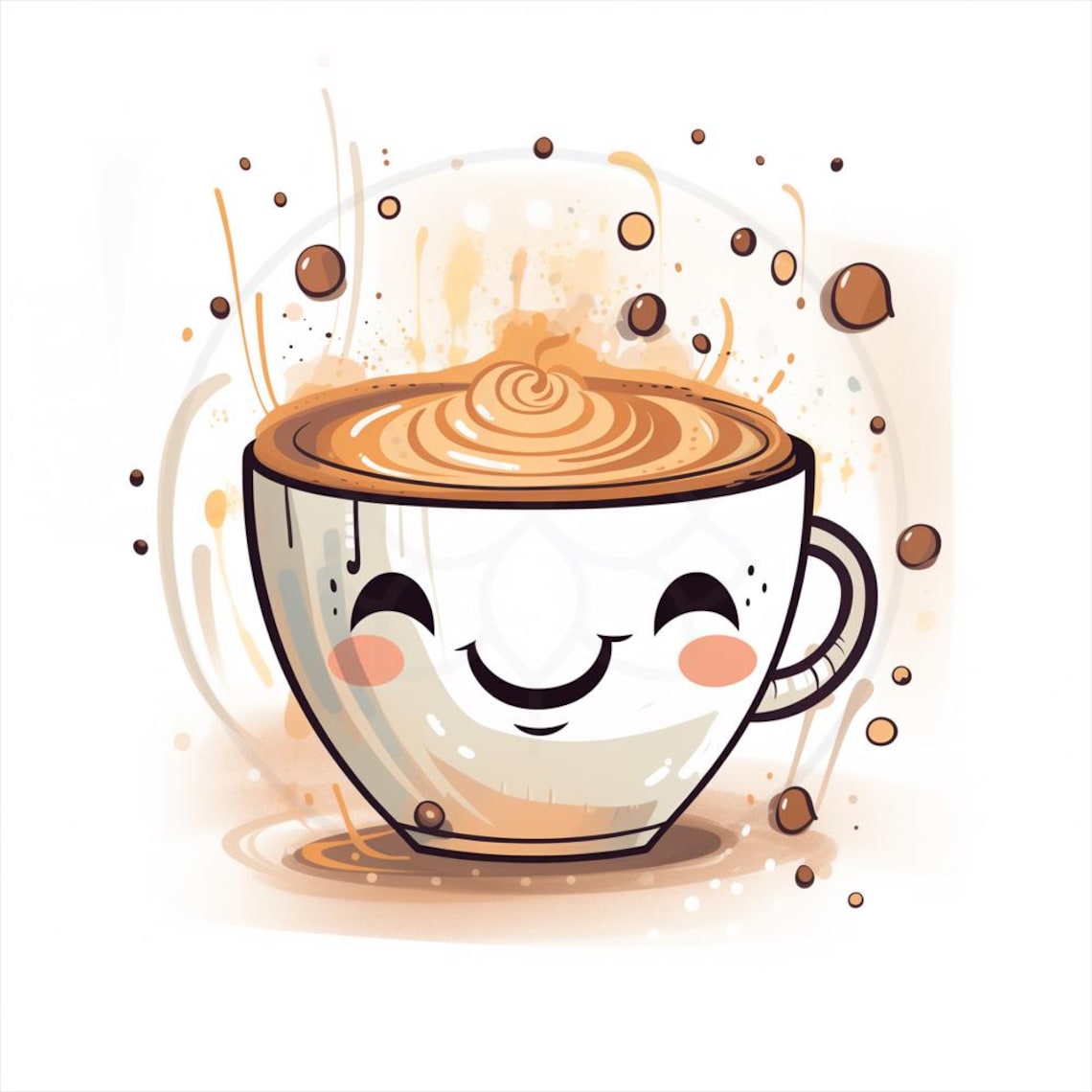 Cute Kawaii Coffee Cup Clipart Print, Adorable Smiling Cappuccino Mug ...