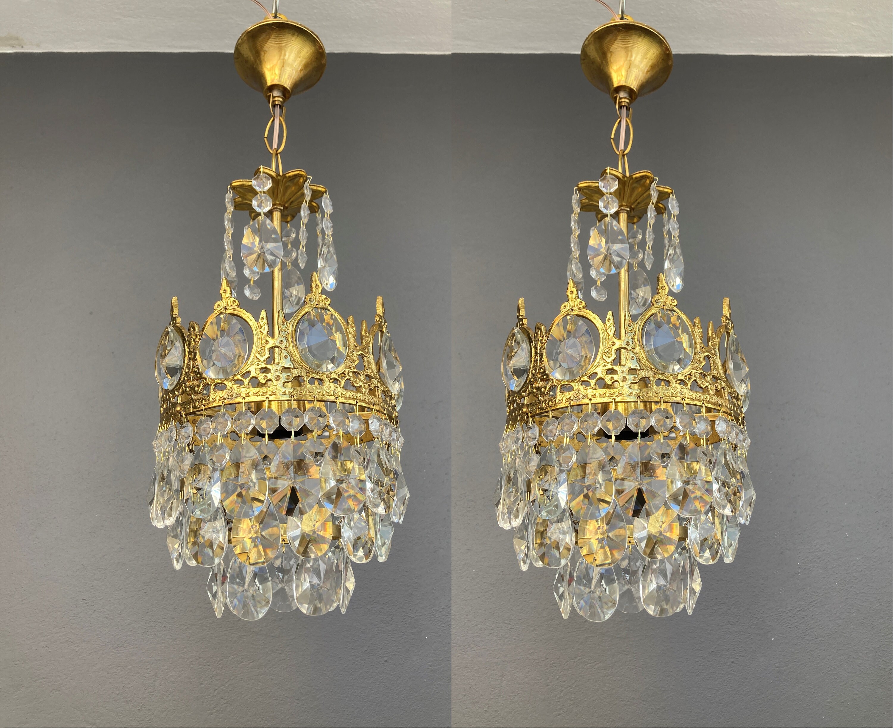Pair of Antique Crystal Chandeliers Light Fixtures French Empire ...