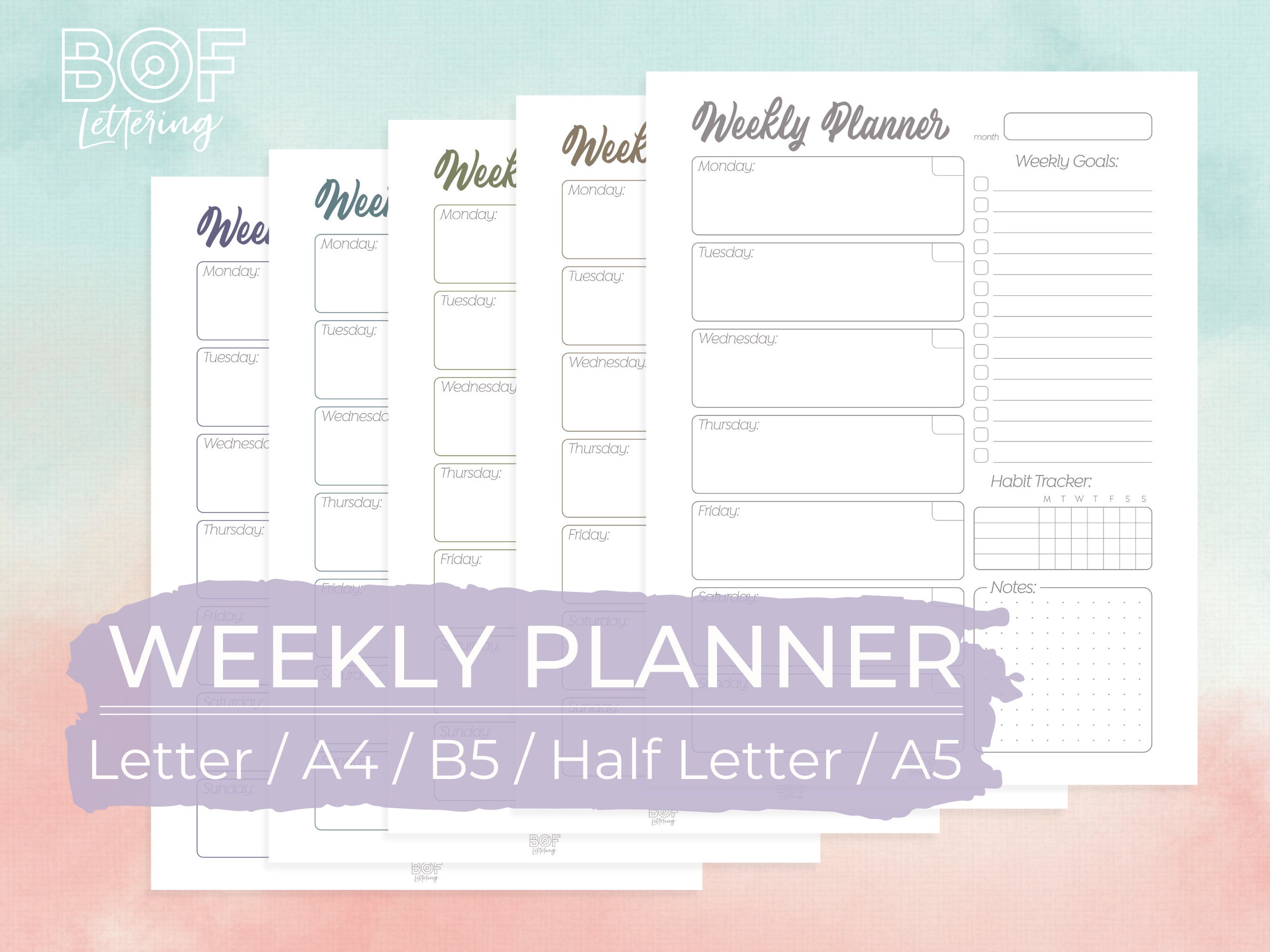 Weekly Planner / Color Variations / Printable Planner / Starting Sunday ...