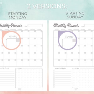 Monthly Planner / Color Variations / Printable Planner / Starting ...
