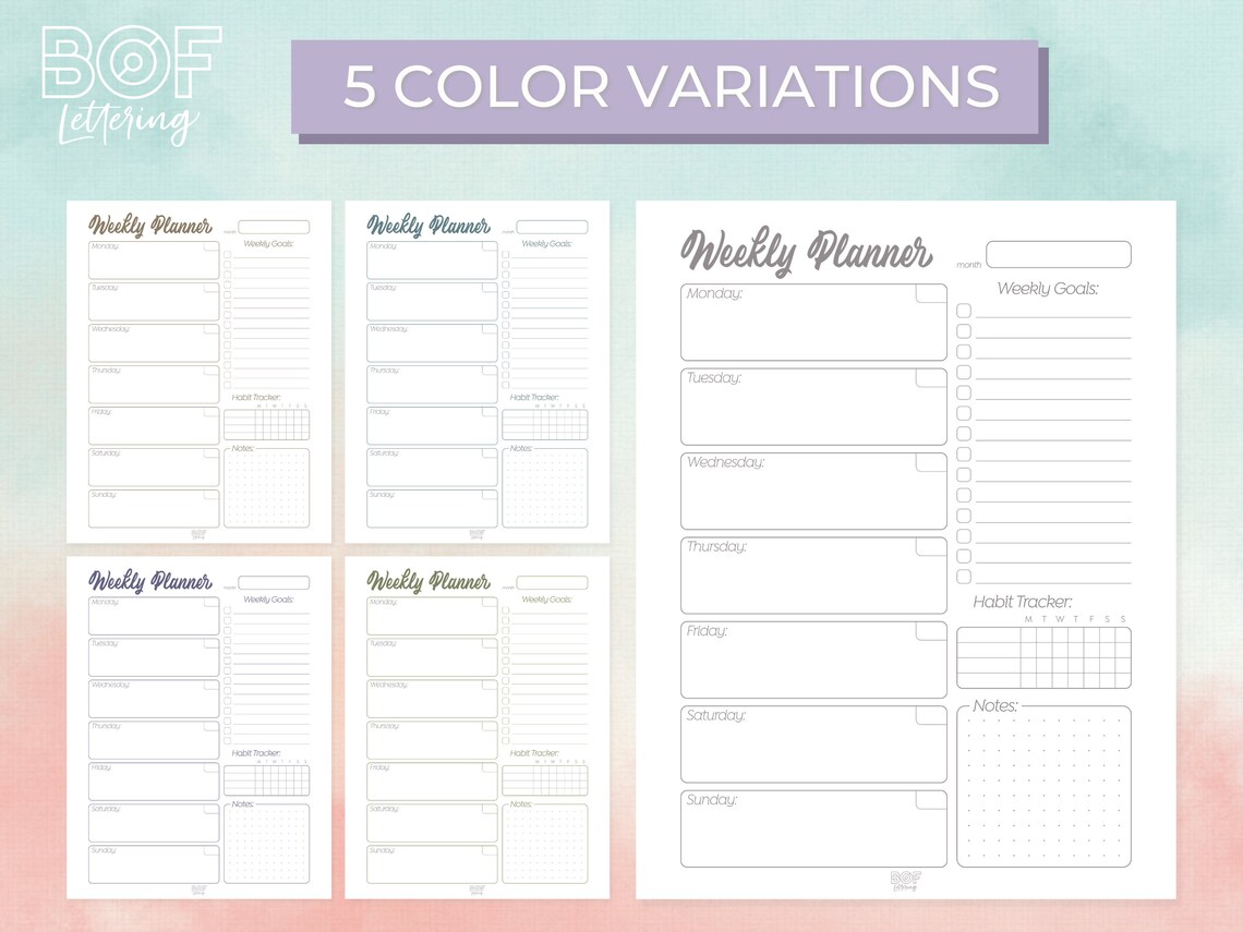 Weekly Planner / Color Variations / Printable Planner / Starting Sunday ...
